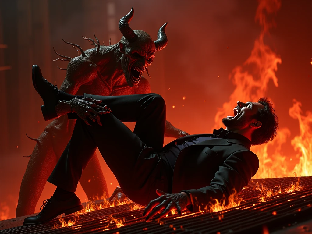 Generate an image of hell, Ambient red light, a fire grill, a man wearing a blac - SeaArt AI