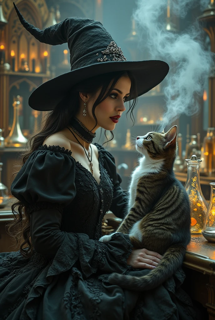 A beautiful witch in her laboratory, talking to her black cat - SeaArt AI