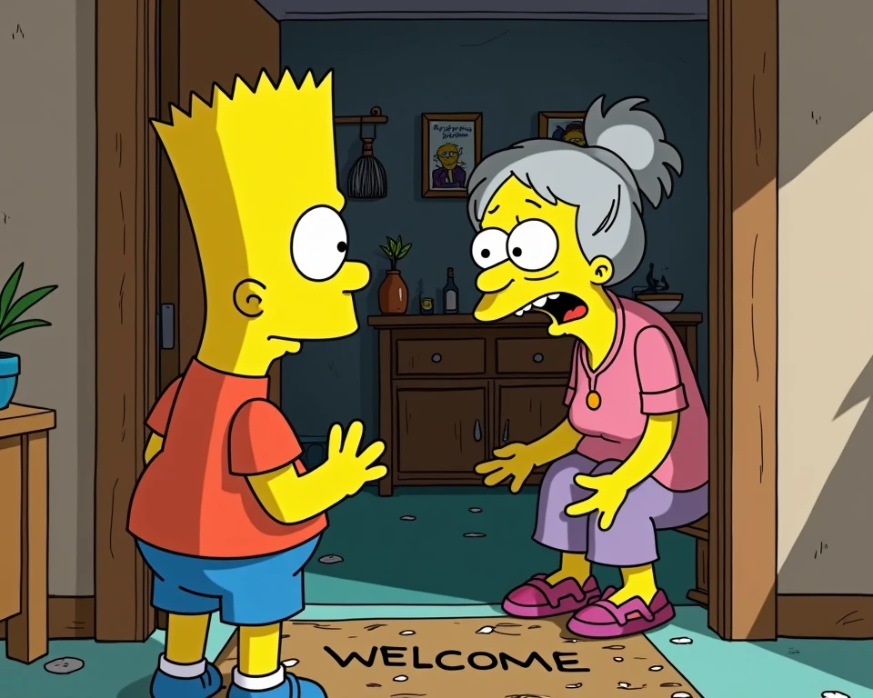 Bart simspon talking with old woman near door in house - SeaArt AI