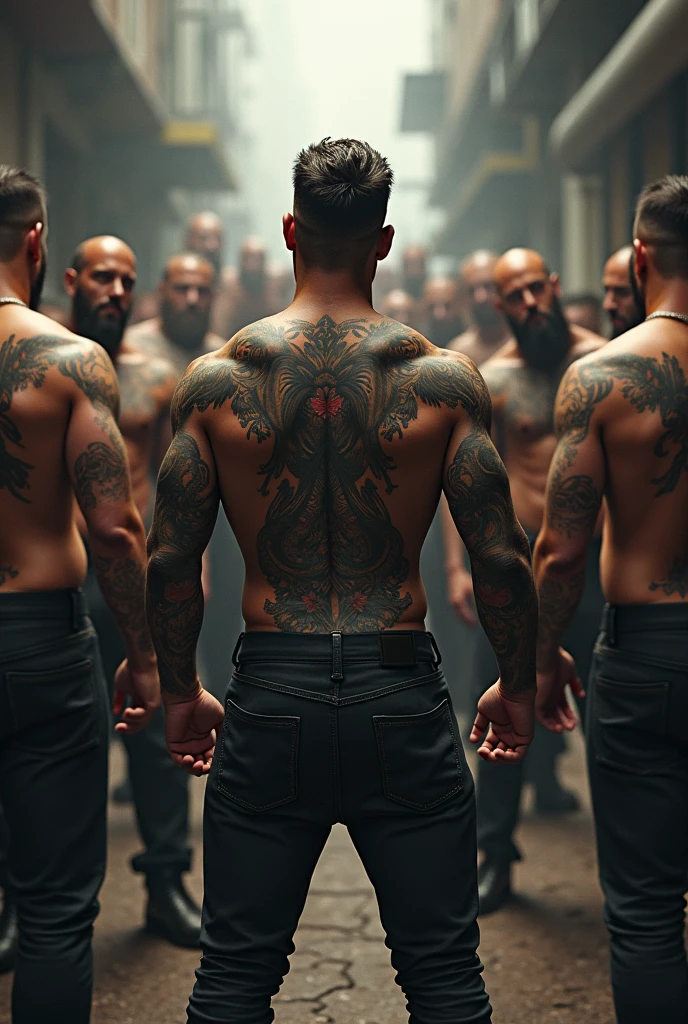 Image of a tattooed man standing opposite, turning his back and ...
