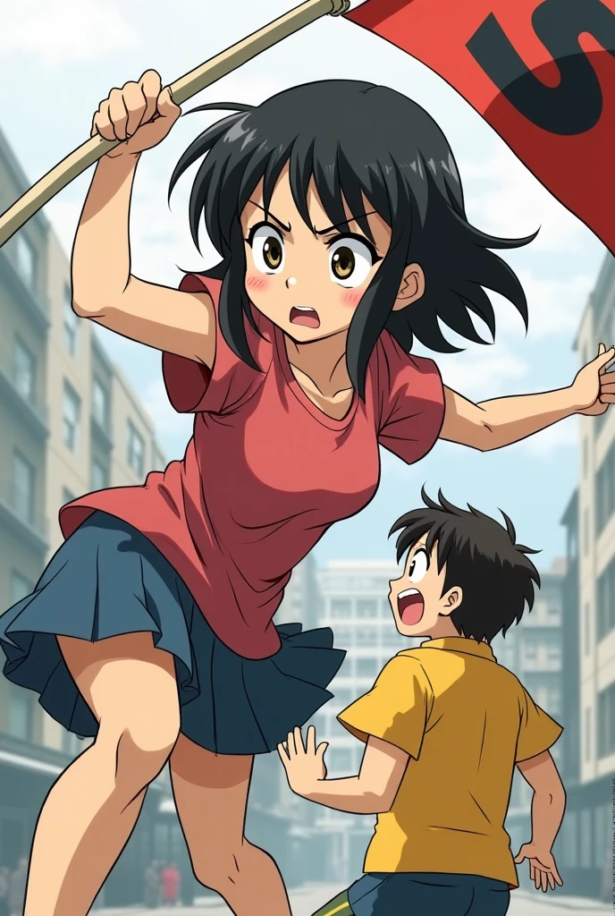 Shizuka hitting Nobita and clutching a flag with the number 5 telling ...