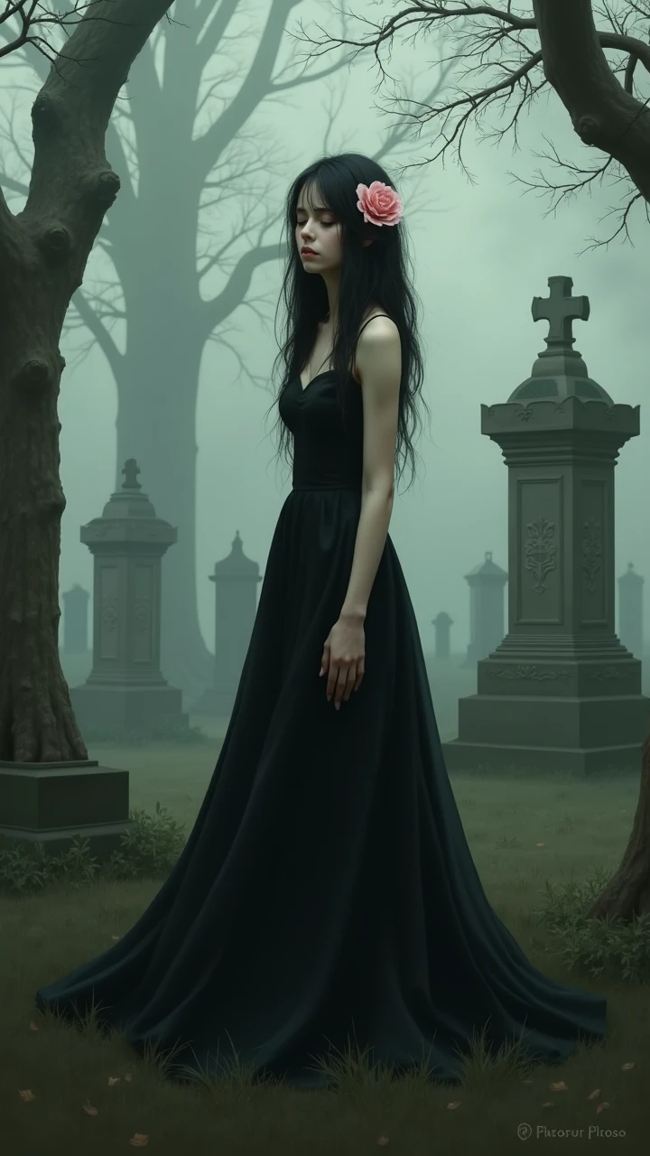 Give me an image of a woman in the cemetery, long black dress Pink ...