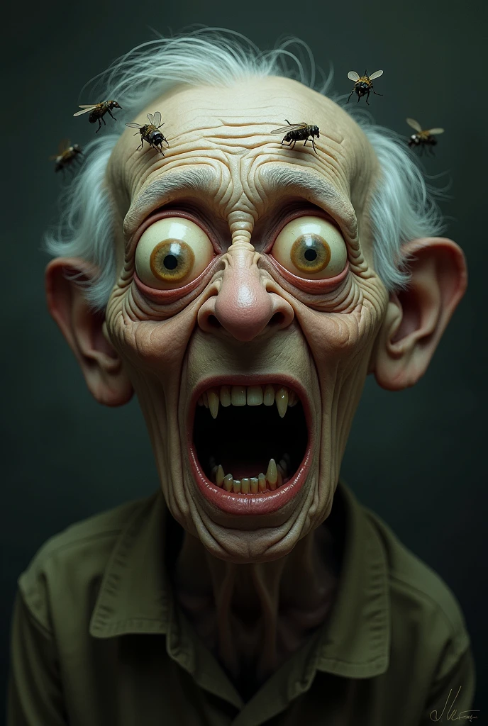 "An extremely eerie and exaggerated depiction of an elderly person with ...