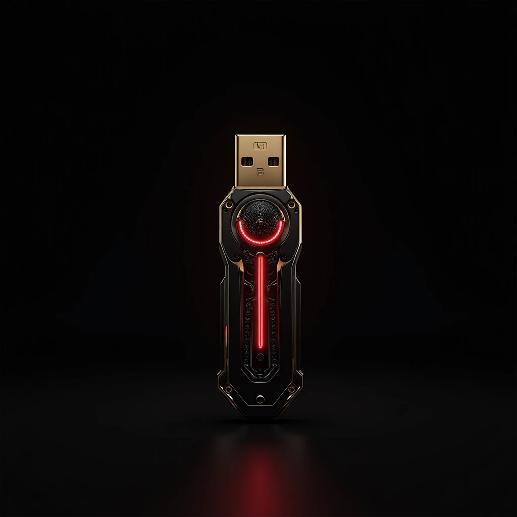 A futuristic cyberpunk usb drive,intricate black, gold and red detailed ...