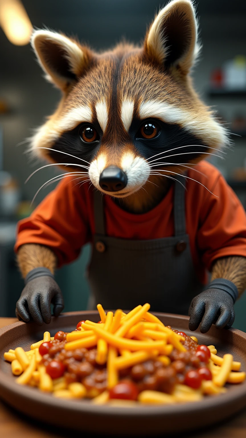 A CLOSE-UP HYPER-REALISTIC RACCOON CHEF IN AN URBAN AMERICAN KITCHEN ...