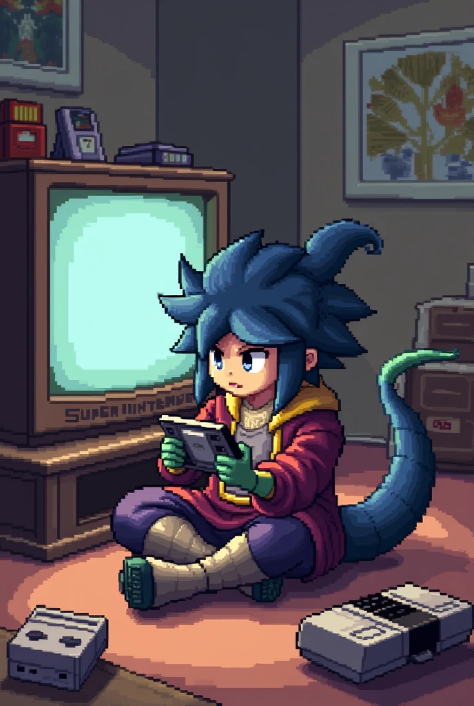 Create an image of Ryu from Breath of Fire playing Super Nintendo in ...