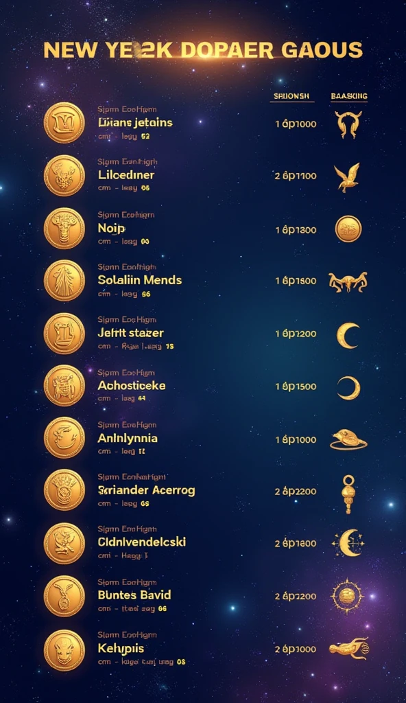 " Draw a vertical ranking table with the names of the 12 zodiac signs ...