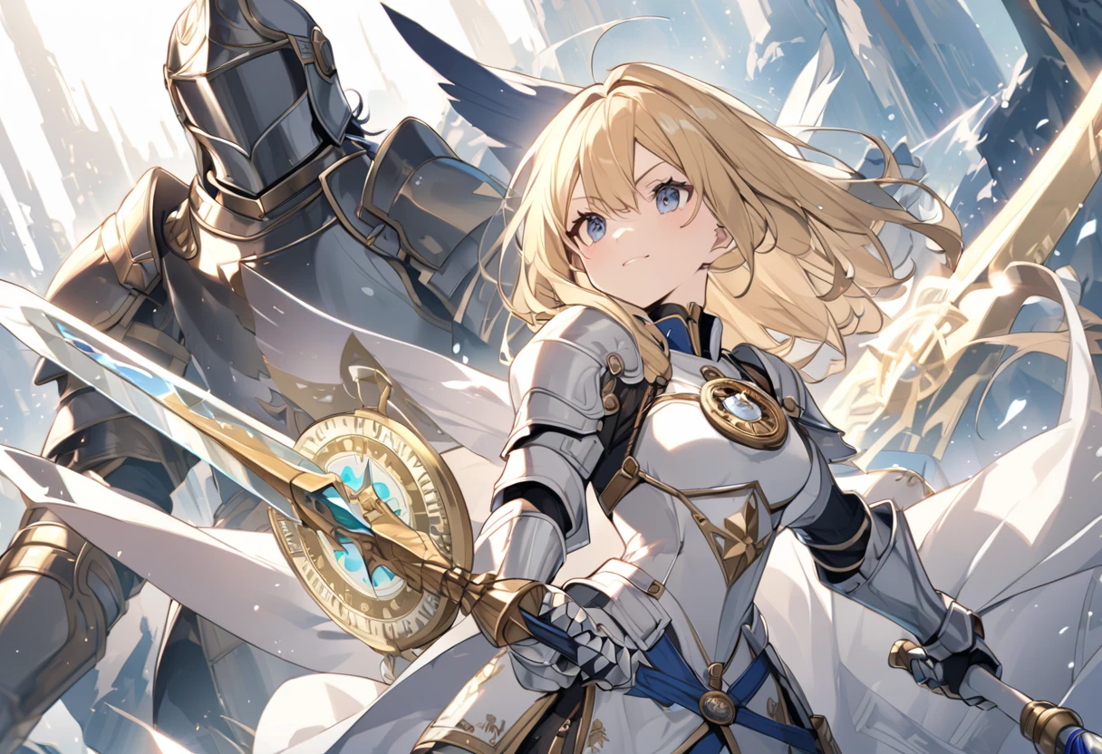 Golden Compass and Female Knight、silver light armor 、 blonde - SeaArt AI
