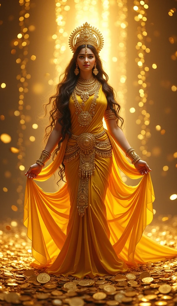 Goddess Lakshmi, gold coins, ornamental, Cash, - SeaArt AI