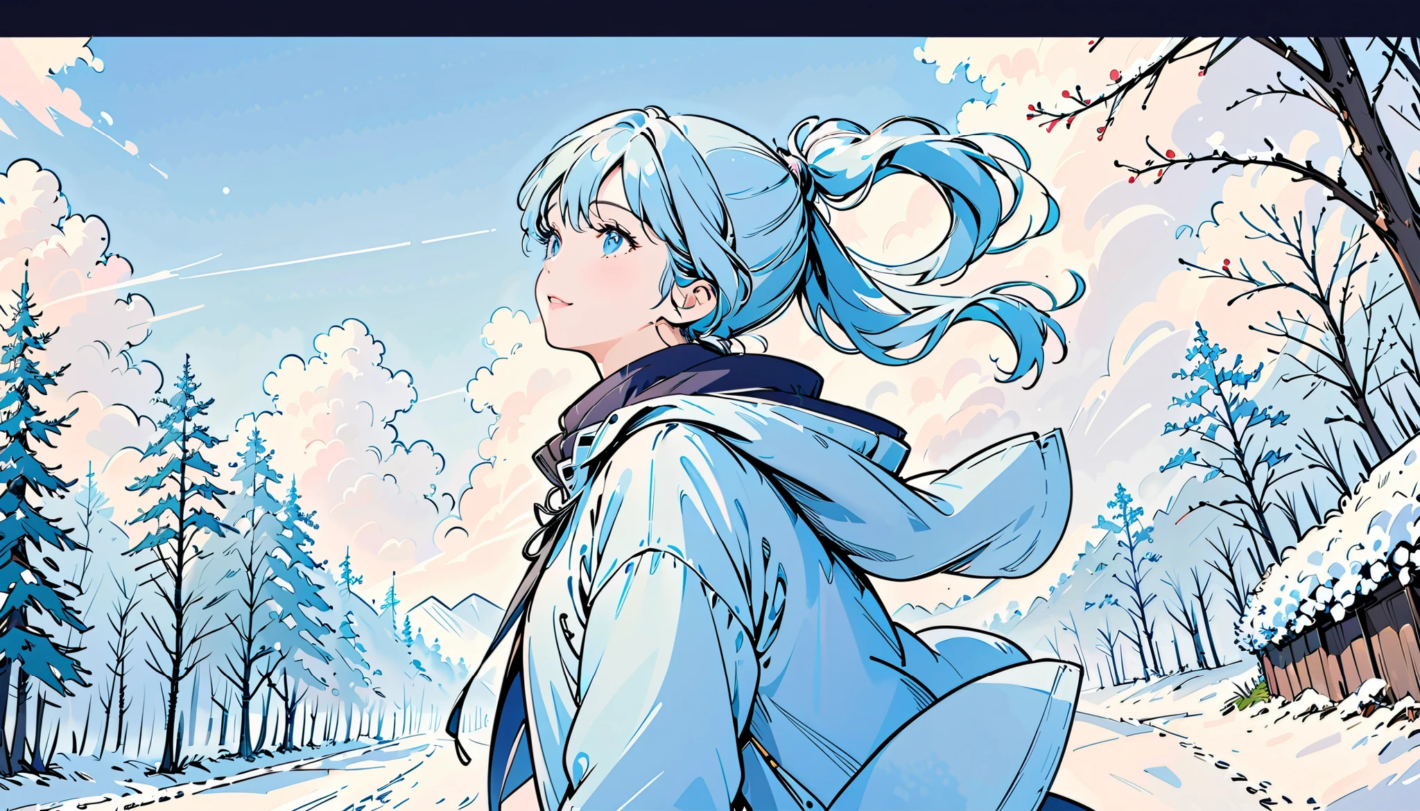 Anime girl in blue jacket and scarf walking in snow covered forest ...