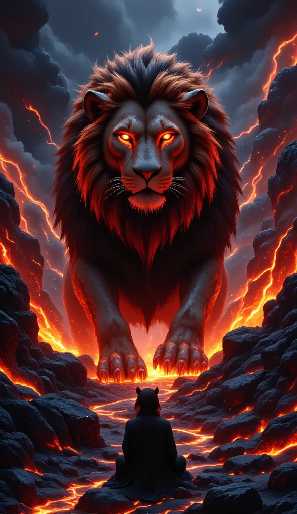 A lion is standing in the middle of a rocky area with lava and lava ...