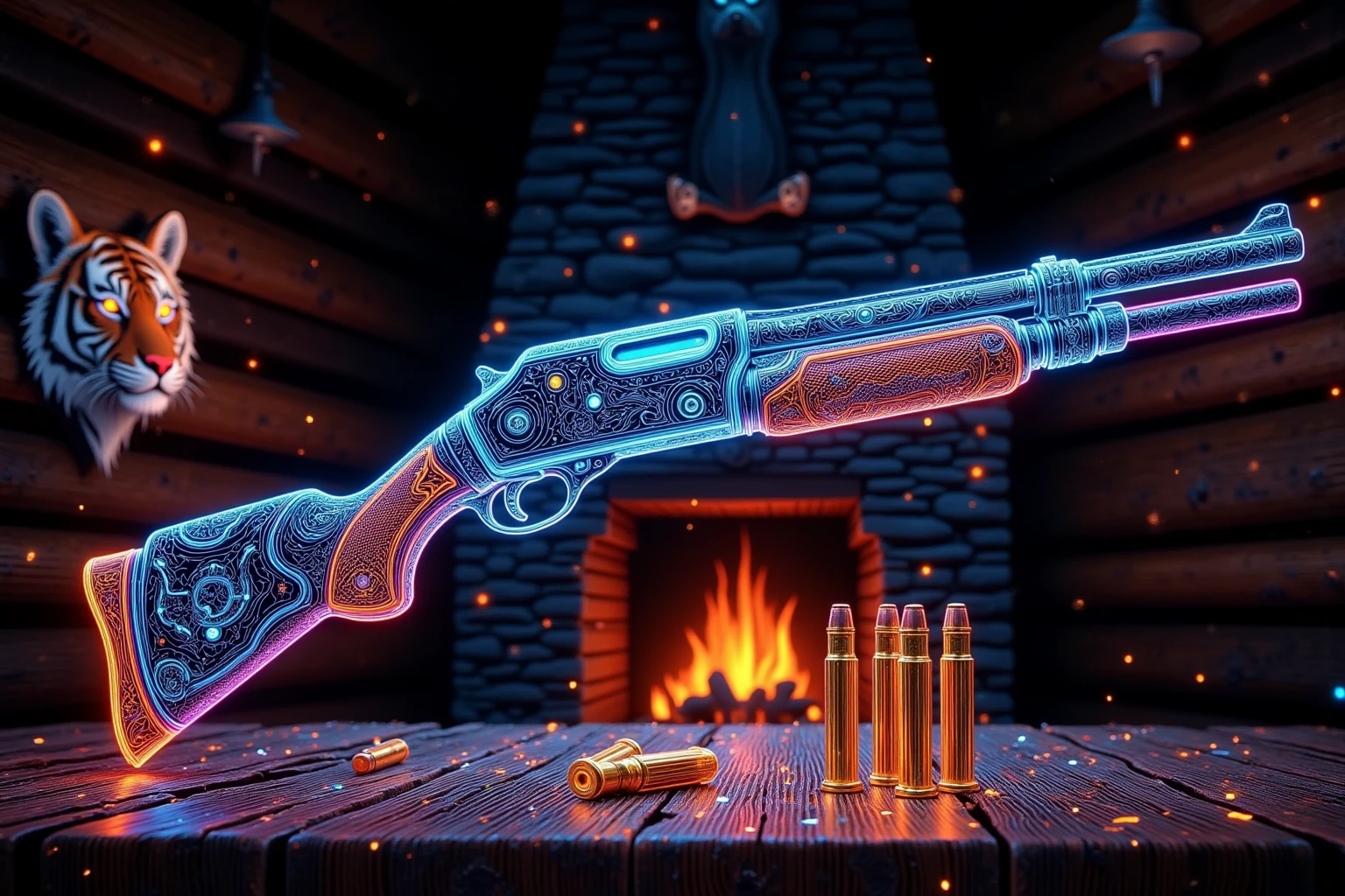 An intricate illustration of a double-barreled shotgun on a fireplace ...