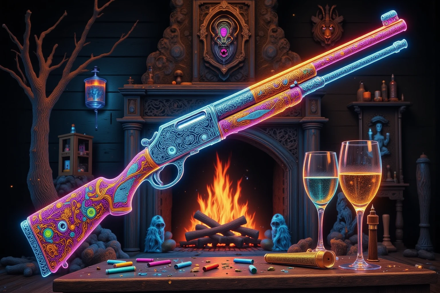 Exquisite digital art of a double-barreled shotgun on a fireplace ...