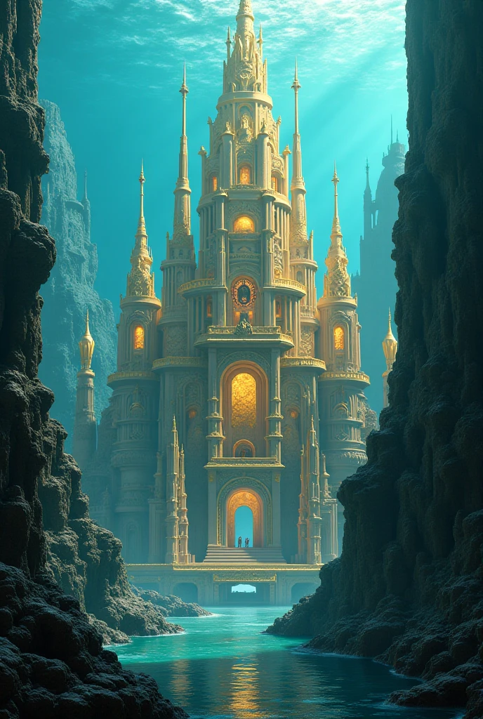 A fantastical vision of Atlantis with grand temples, intricate columns ...