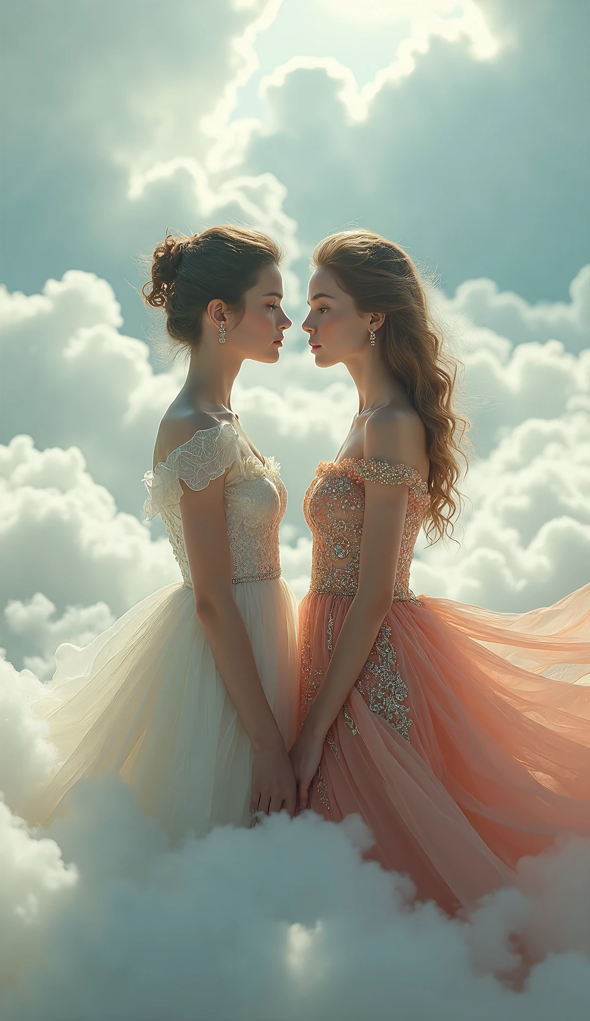 Two women in dresses standing in the clouds with their hands together - SeaArt AI