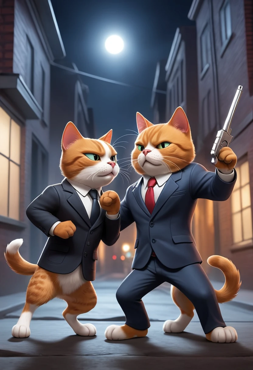 A dog and a cat secret agents fighting in the city at midnight