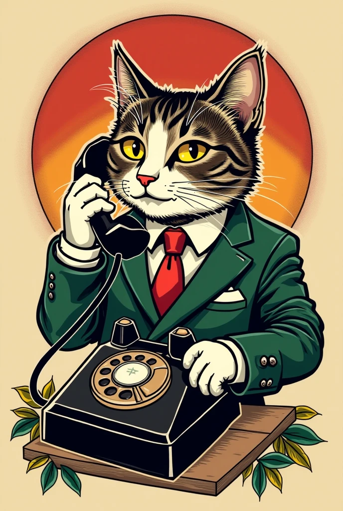 Tatoo from the old school cat talking on the phone - SeaArt AI