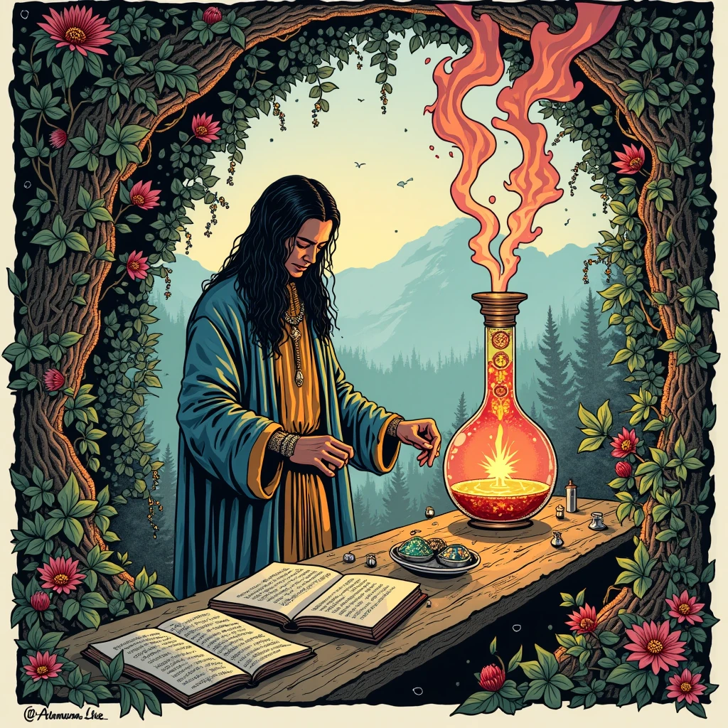 A highly detailed woodcut, engraving style illustration that exudes a ...