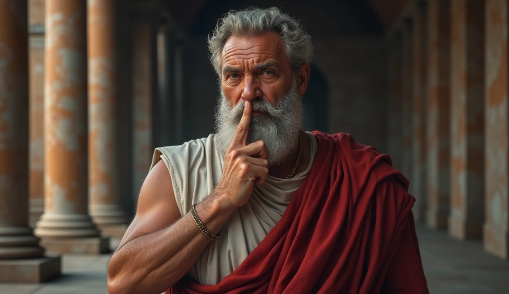 Stoic man, in his 50s, with a full beard, making the "shh" gesture by ...