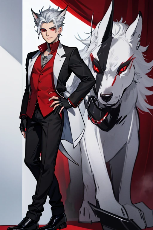 Male, silver hair, red eyes, silver wolf ears, silver wolf tail - SeaArt AI
