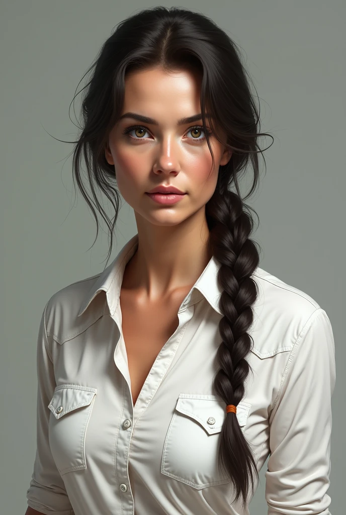 Adult european cowgirl, one braid, black Hair, light eyes, white shirt - SeaArt AI