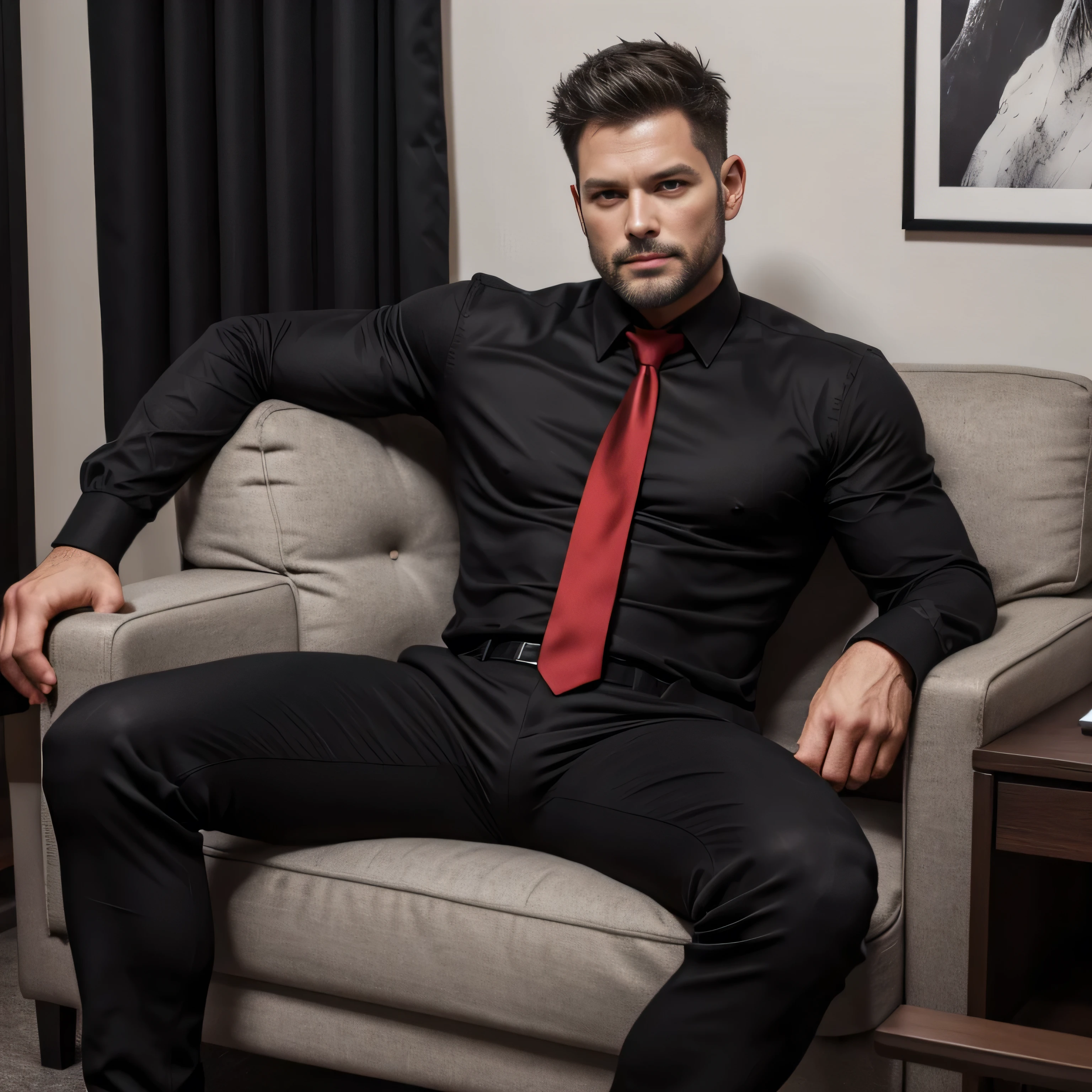 Arafed man in black shirt and red tie sitting on a couch - SeaArt AI