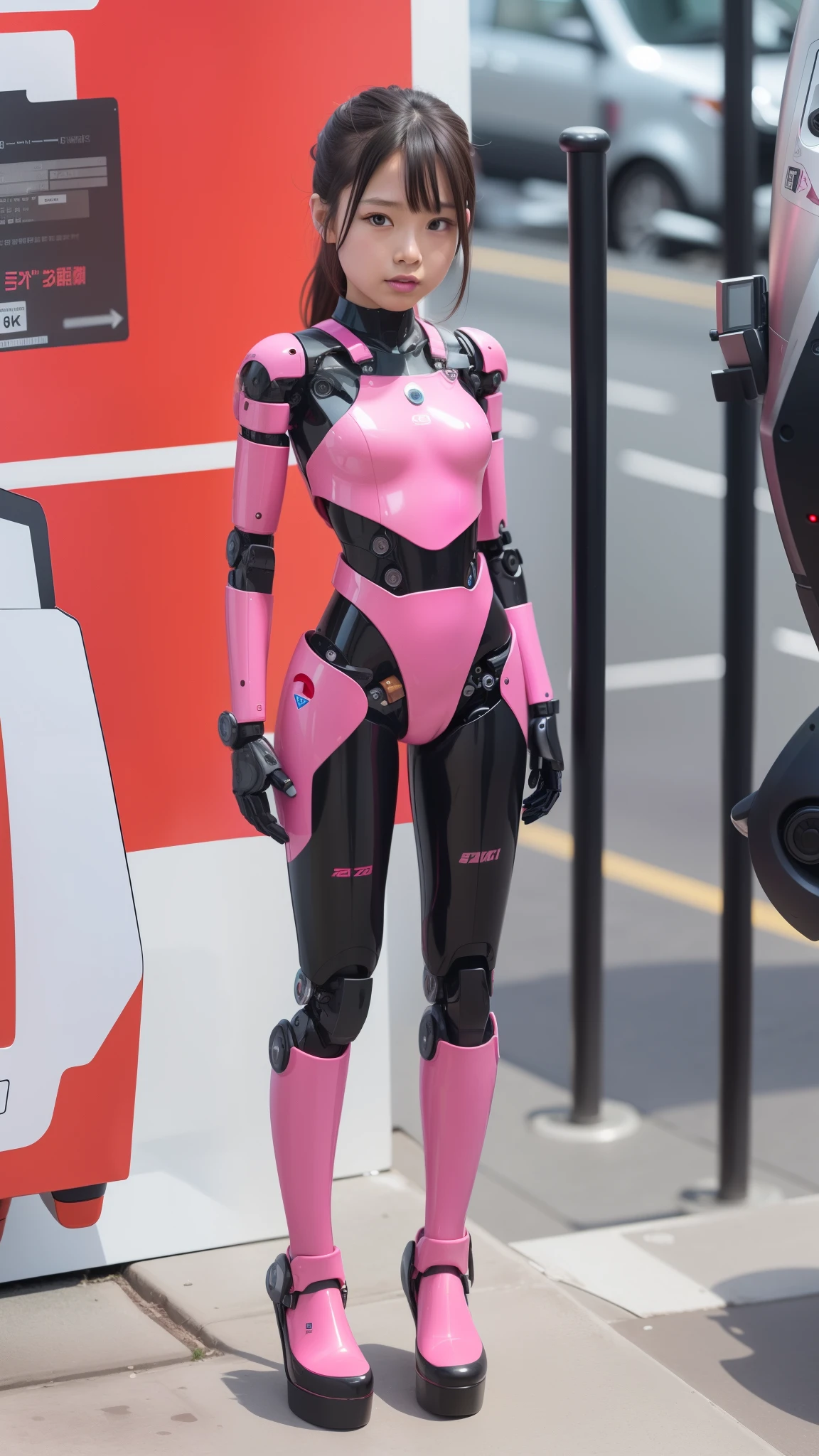 There is a woman in a pink and black suit standing next to a parking ...