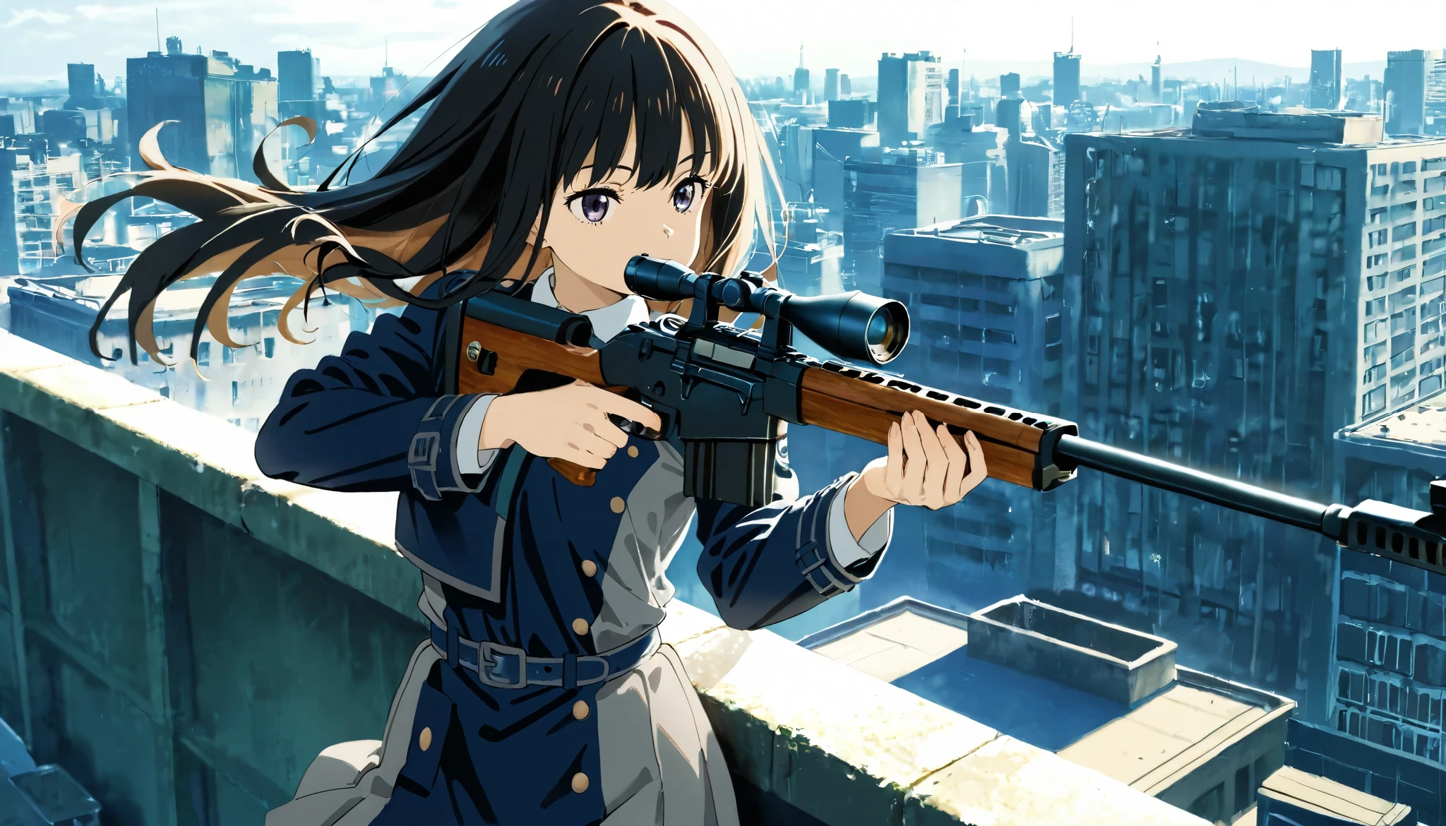 Anime girl with rifle on rooftop overlooking city skyline with ...