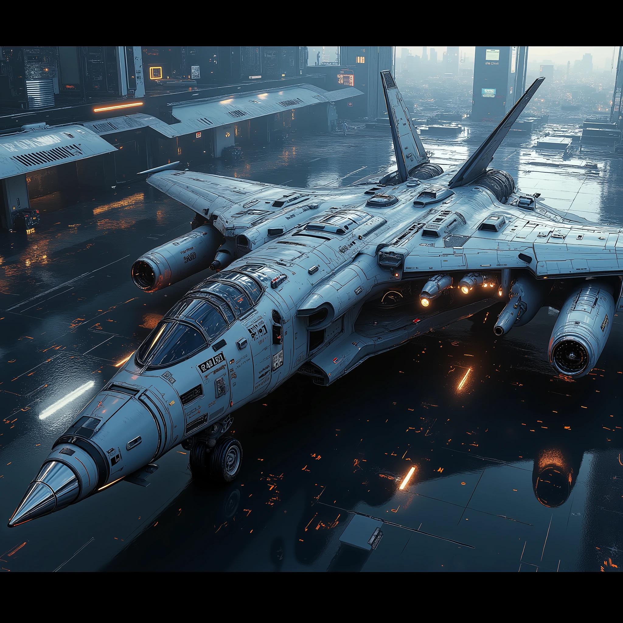 Spaceship fighter jet with lights on in a city setting - SeaArt AI