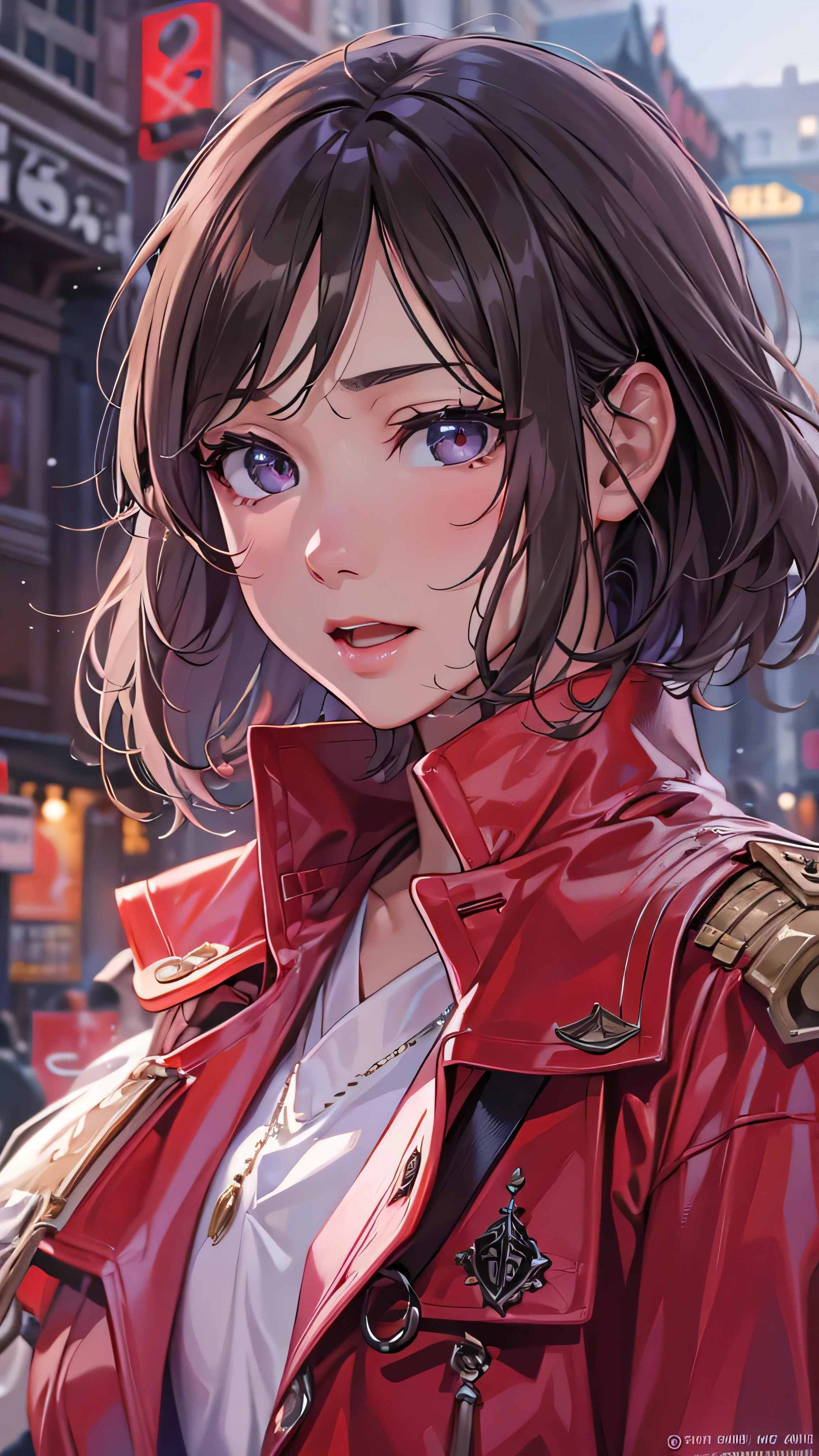 Anime girl in red jacket with blue eyes and a white shirt - SeaArt AI