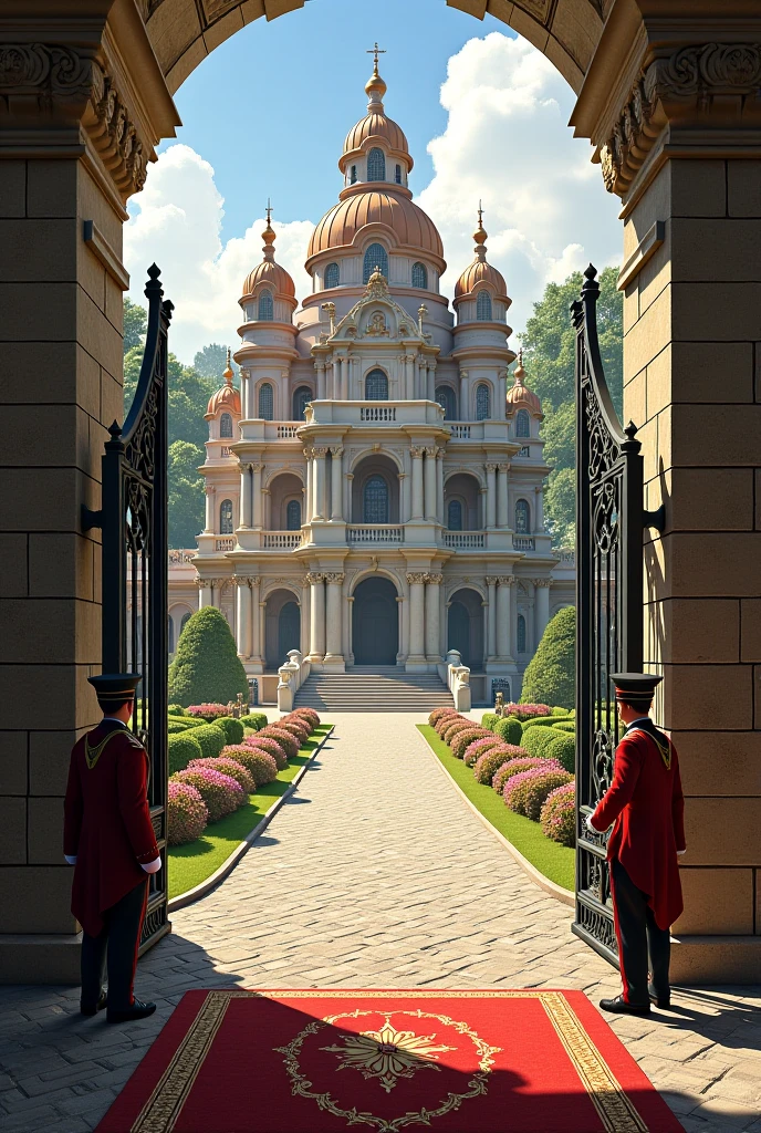 Wealthy merchant’s grand house with guards at the gate and workers ...