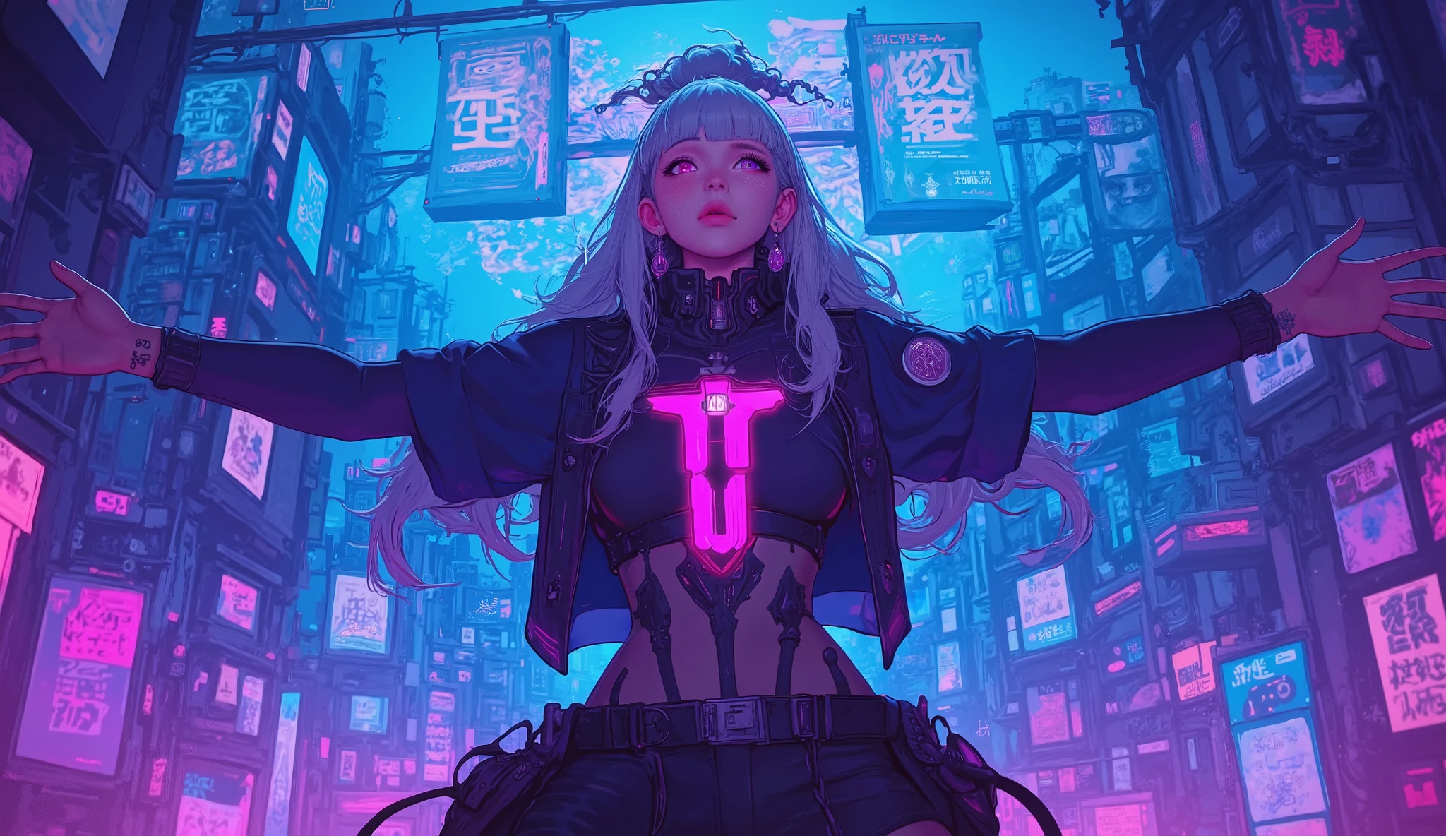 Anime girl with arms outstretched in a neon city - SeaArt AI
