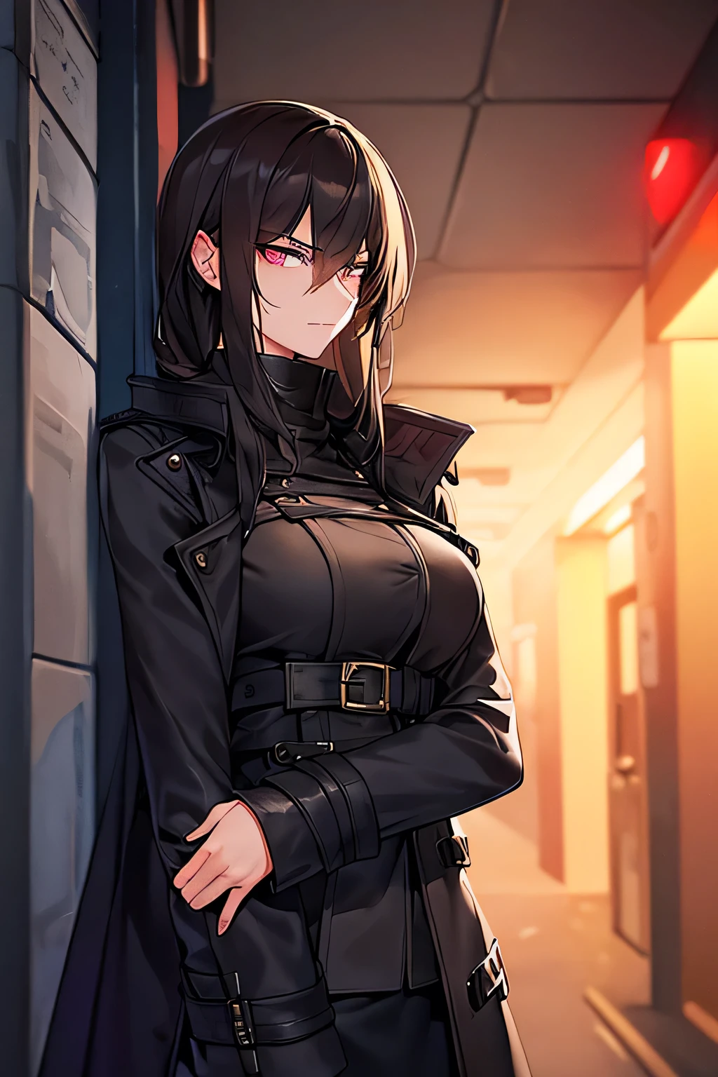 Anime girl in black coat standing in hallway with red light - SeaArt AI
