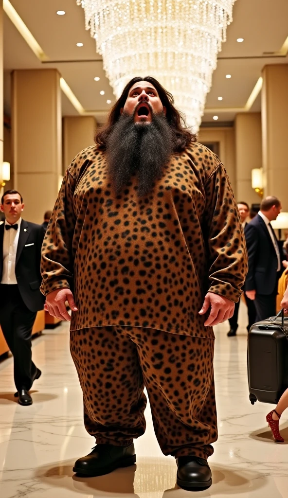 A large-built man with long, wild hair and a thick beard, wearing a ...