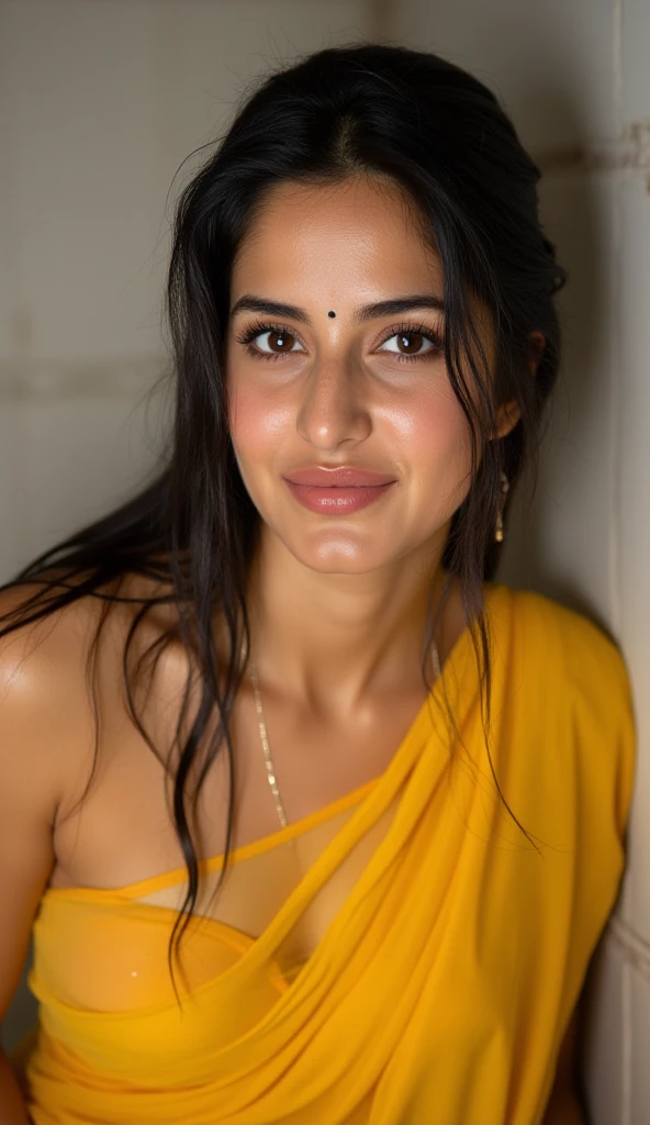 20 years old girl, indian traditional look, yellow see through Saree ...