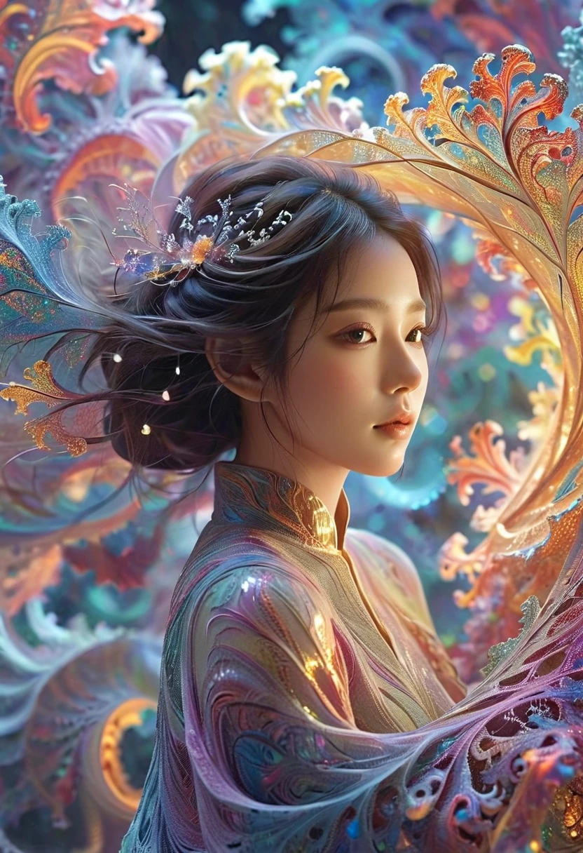 Fractals，Luminescence， 1 girl working part-time，sparkling Luminescence - SeaArt AI