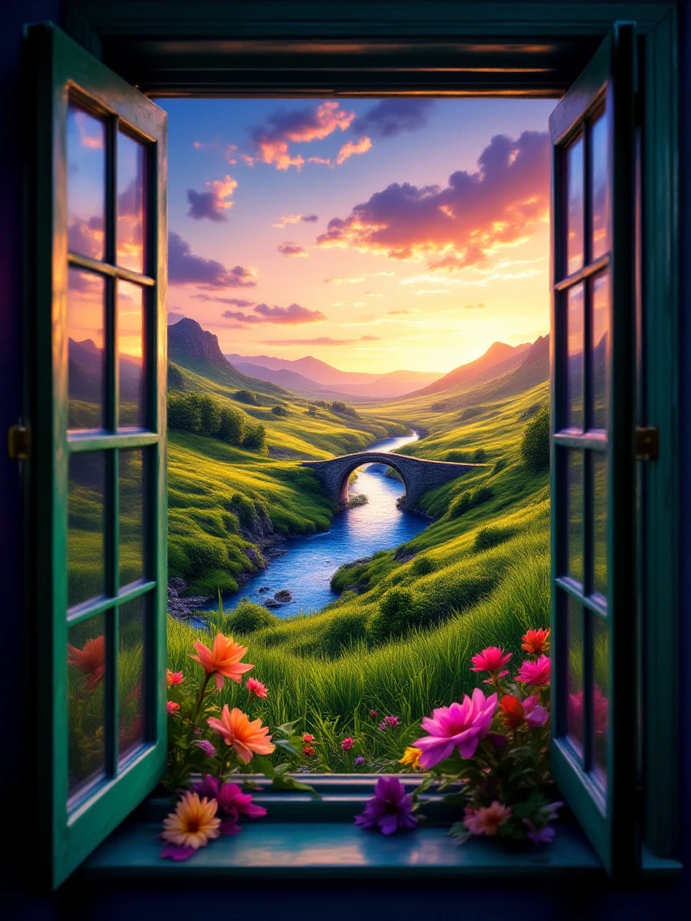 A large mirror in which it reflects A wide open window with flowers on ...