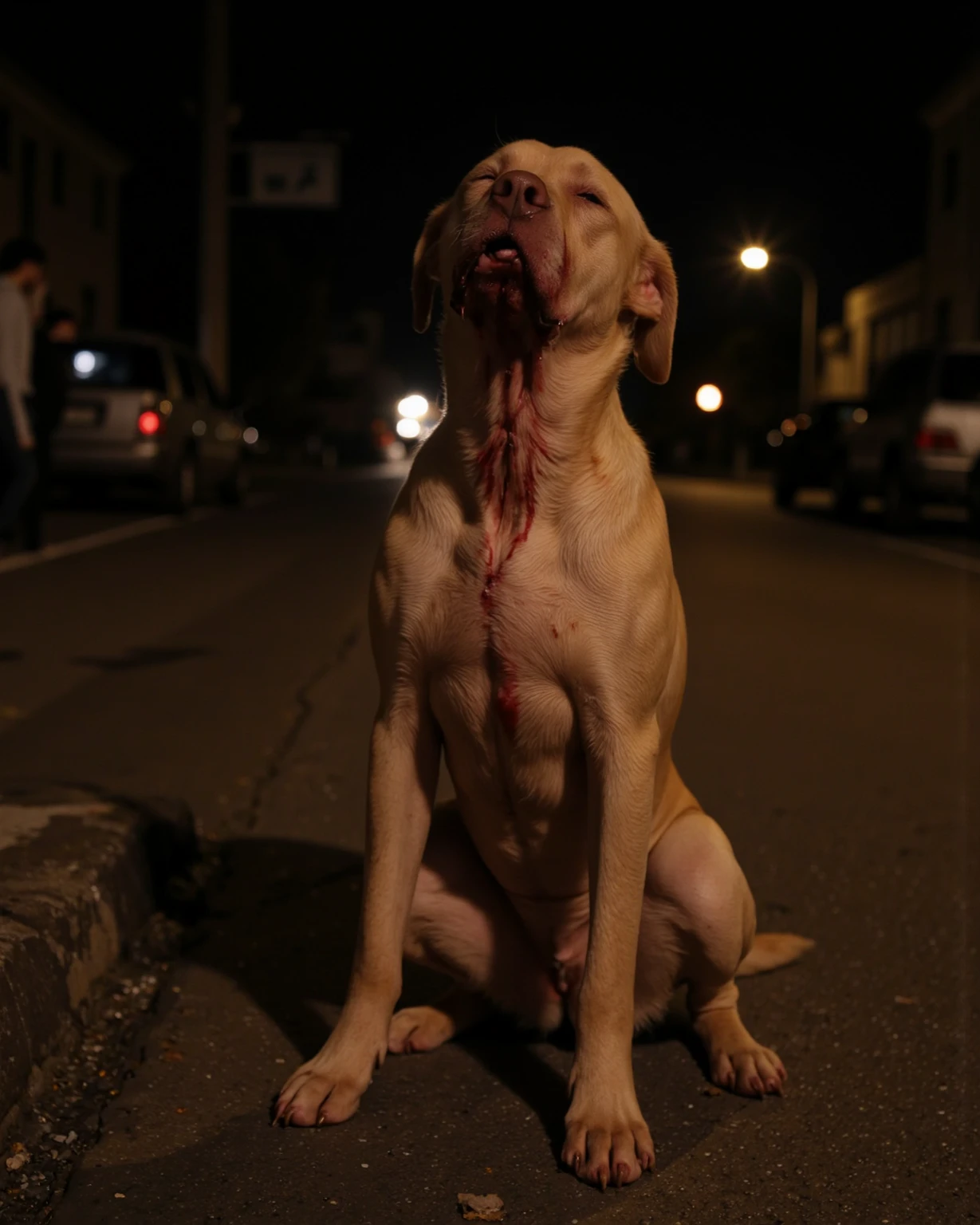 A scary zombie dog on a dark street at night, drooling from the mouth ...