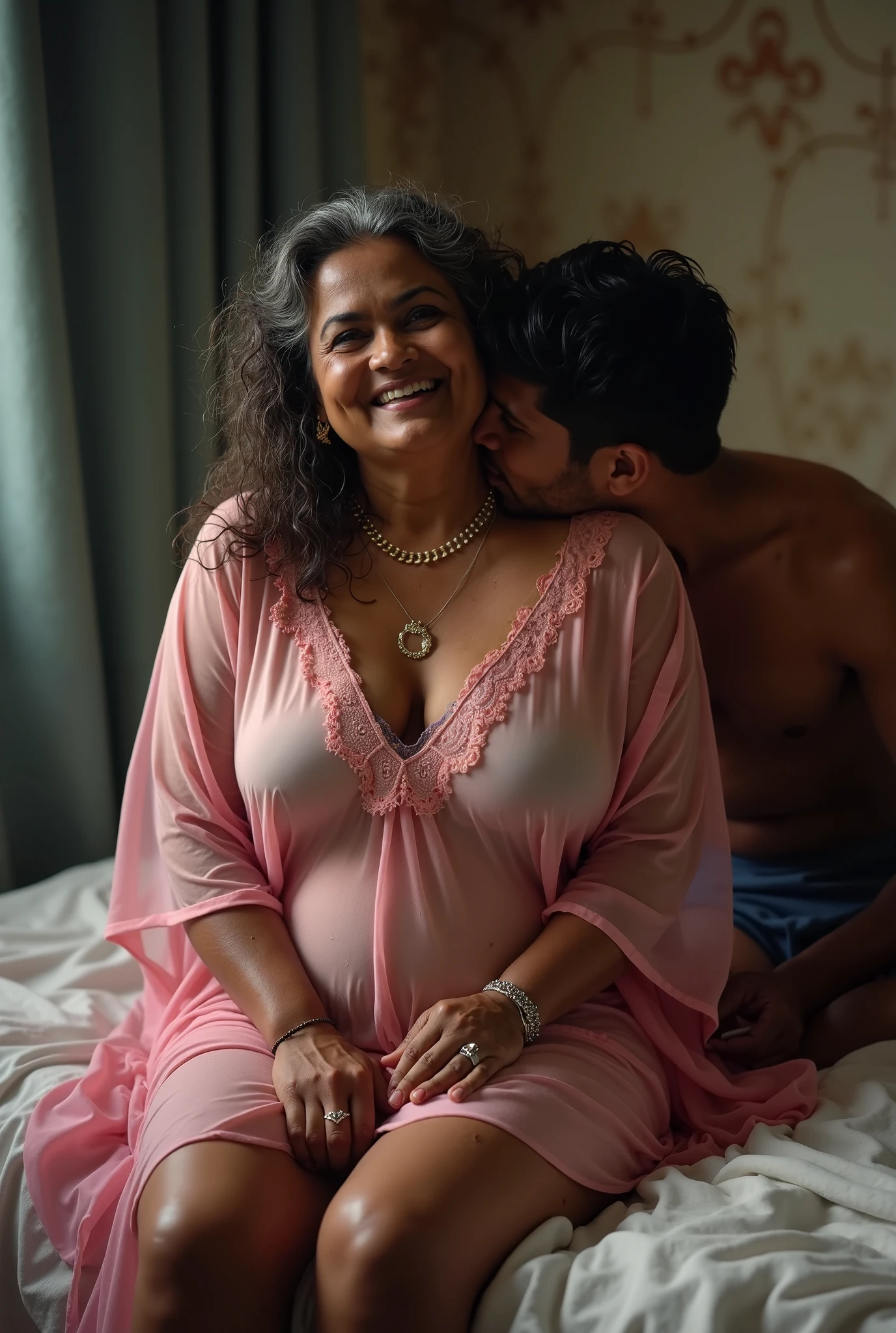 There is a woman sitting on a bed with a man - SeaArt AI