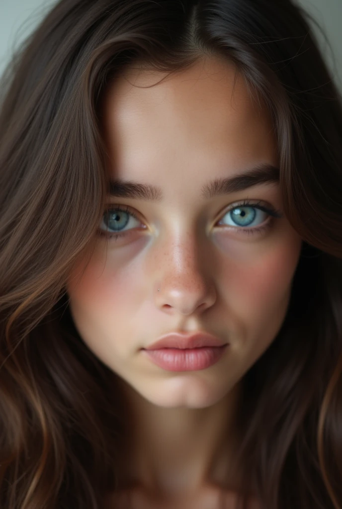 A young girl of 19 years old, with porcelain-fair skin and expressive ...