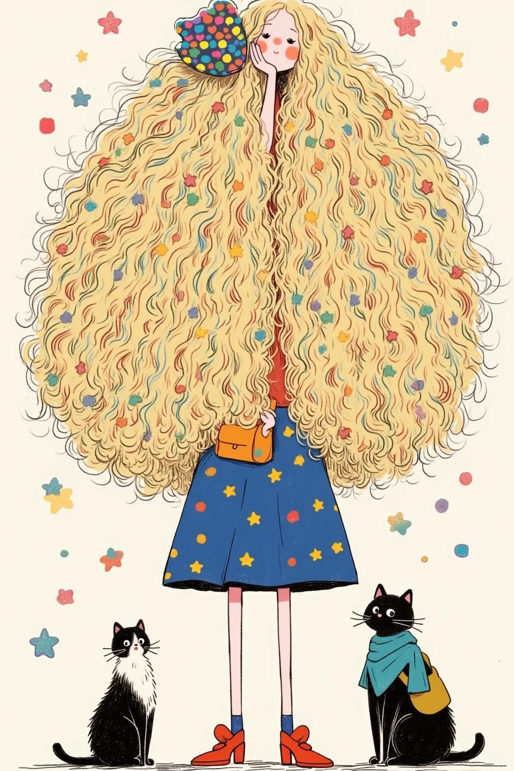 line doodle girl ，Low Fidelity， Young woman with round hair - SeaArt AI