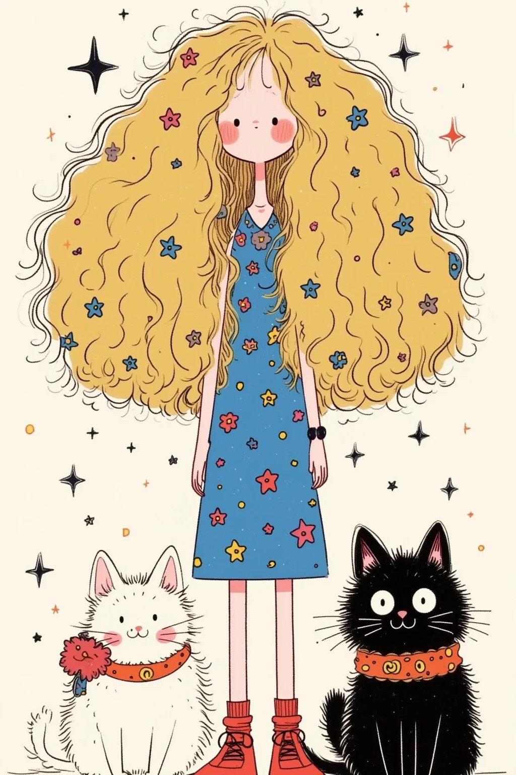 line doodle girl ，Low Fidelity， Young woman with round hair - SeaArt AI