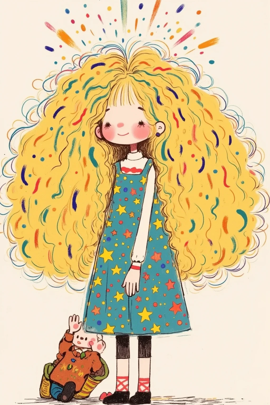 line doodle girl ，Low Fidelity， Young woman with round hair - SeaArt AI