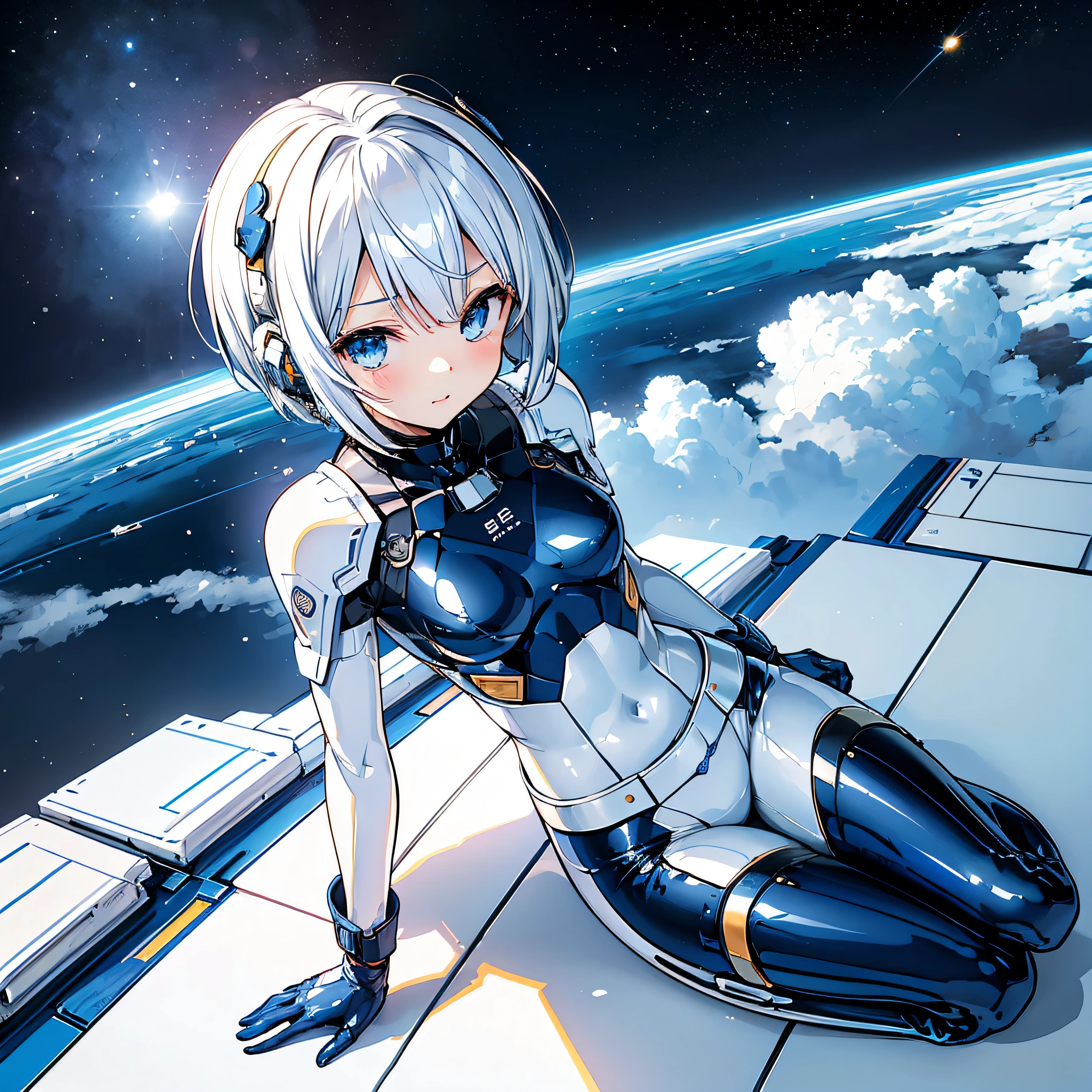 Anime girl in futuristic suit sitting on a platform with a view of the ...