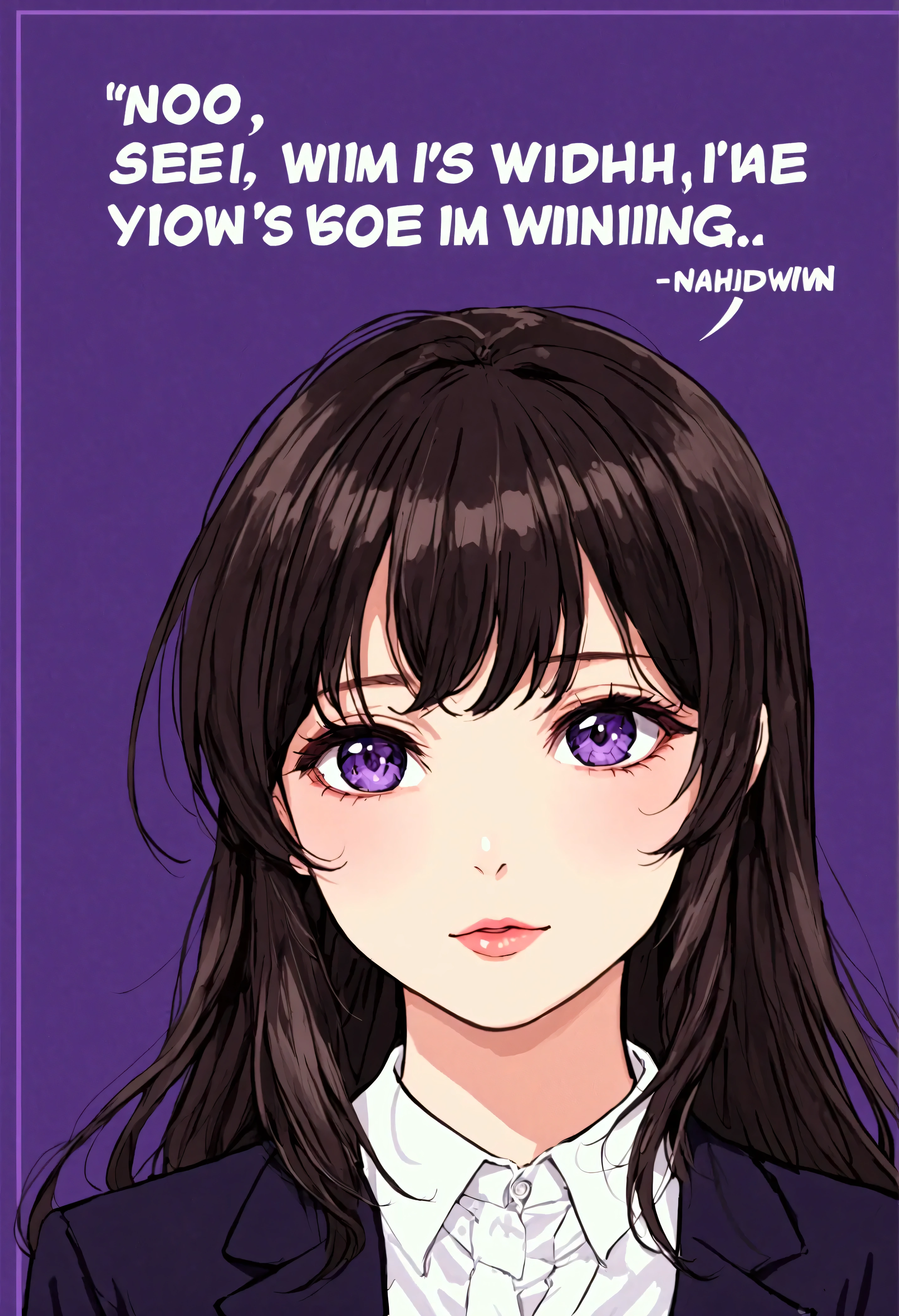 Anime girl with purple eyes and a quote on her face - SeaArt AI