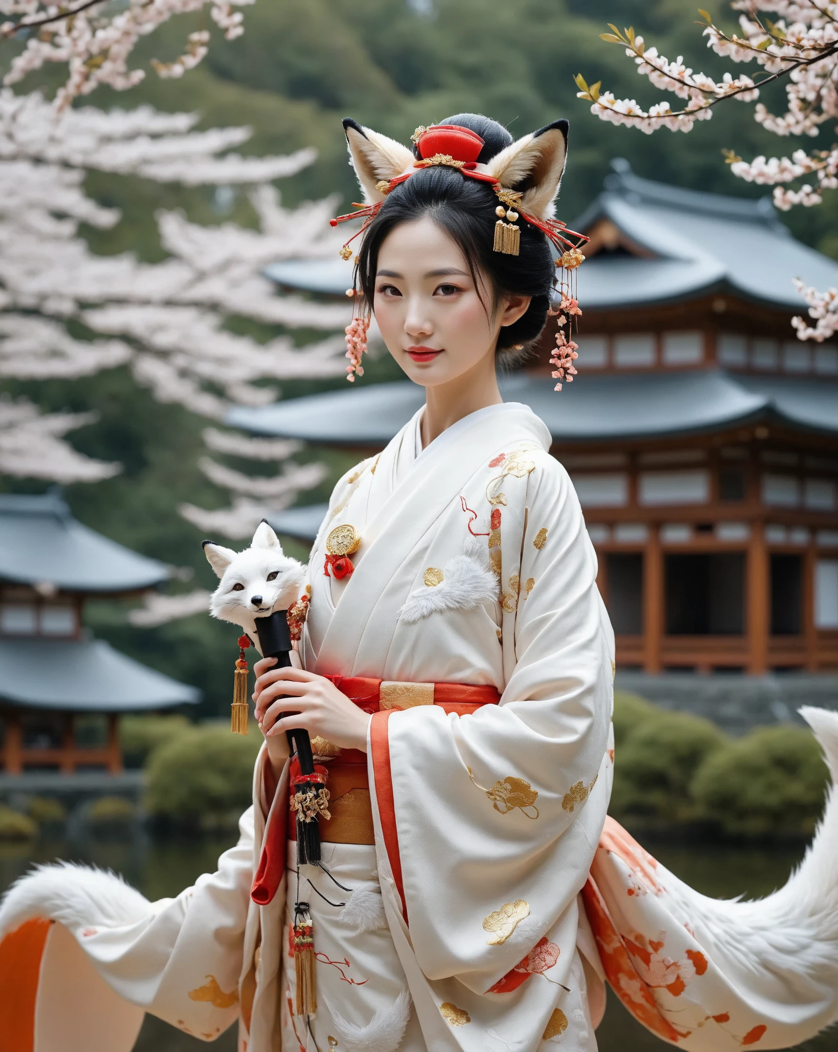 A mystical fox bride wears a traditional Japanese white wedding kimono ...