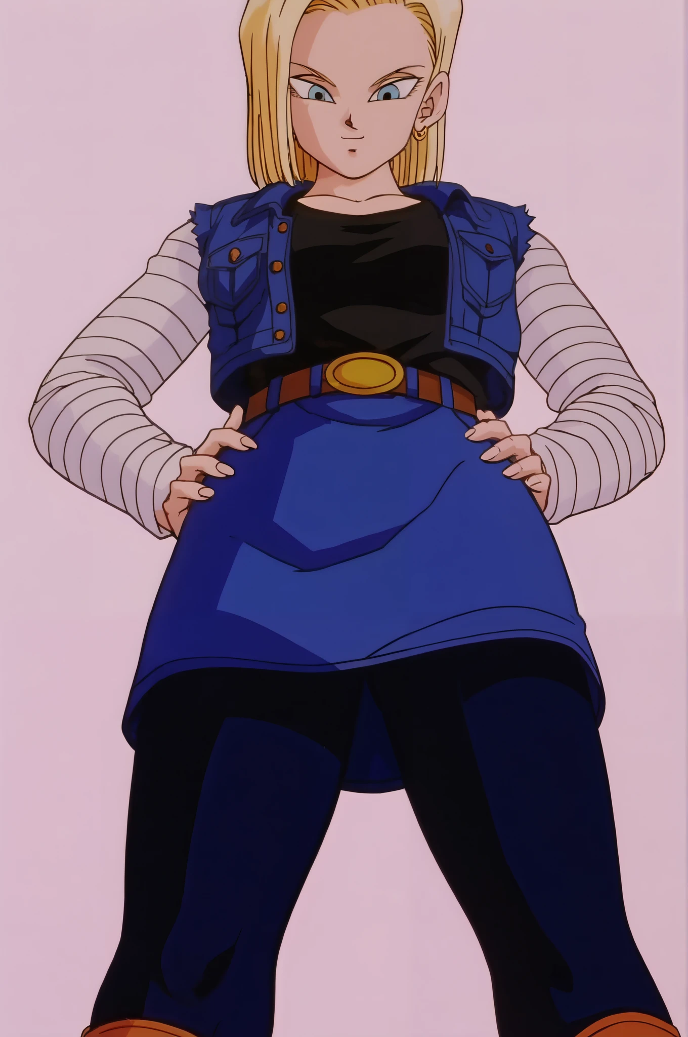 A cartoon of a woman with blonde hair and blue pants（android 18 ...