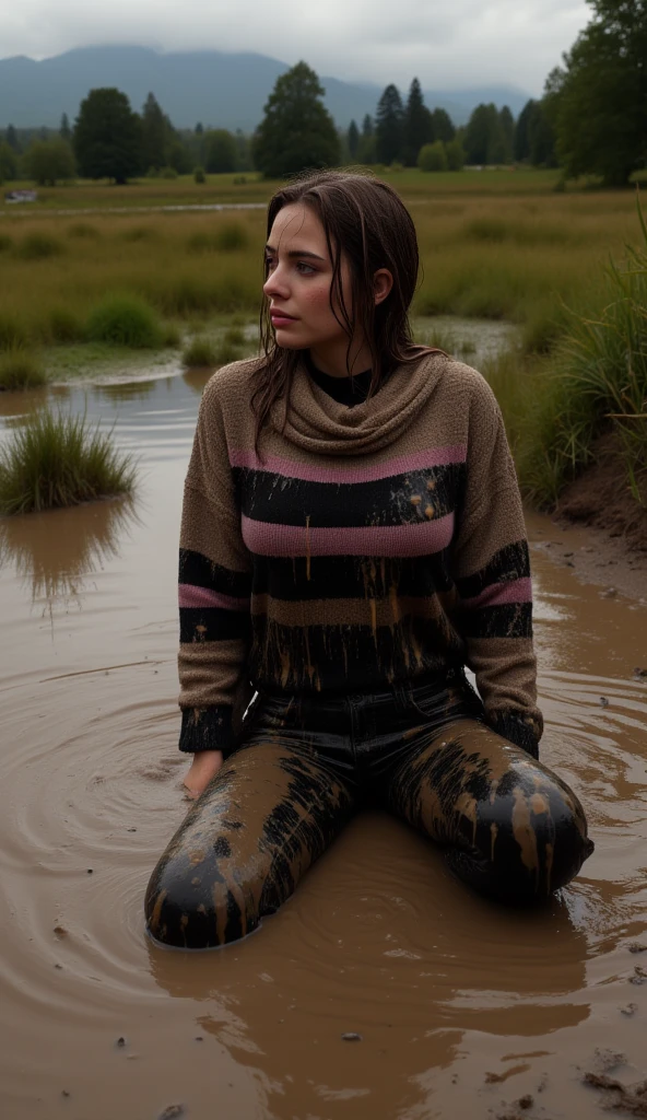 (Full Body Shot, Rainstorm, DUSK, ((nude woman sitting in mud pond ...