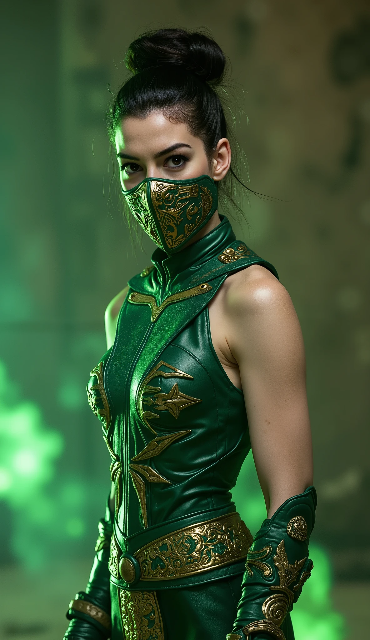 Arafed woman in green leather outfit with mask and gloves - SeaArt AI