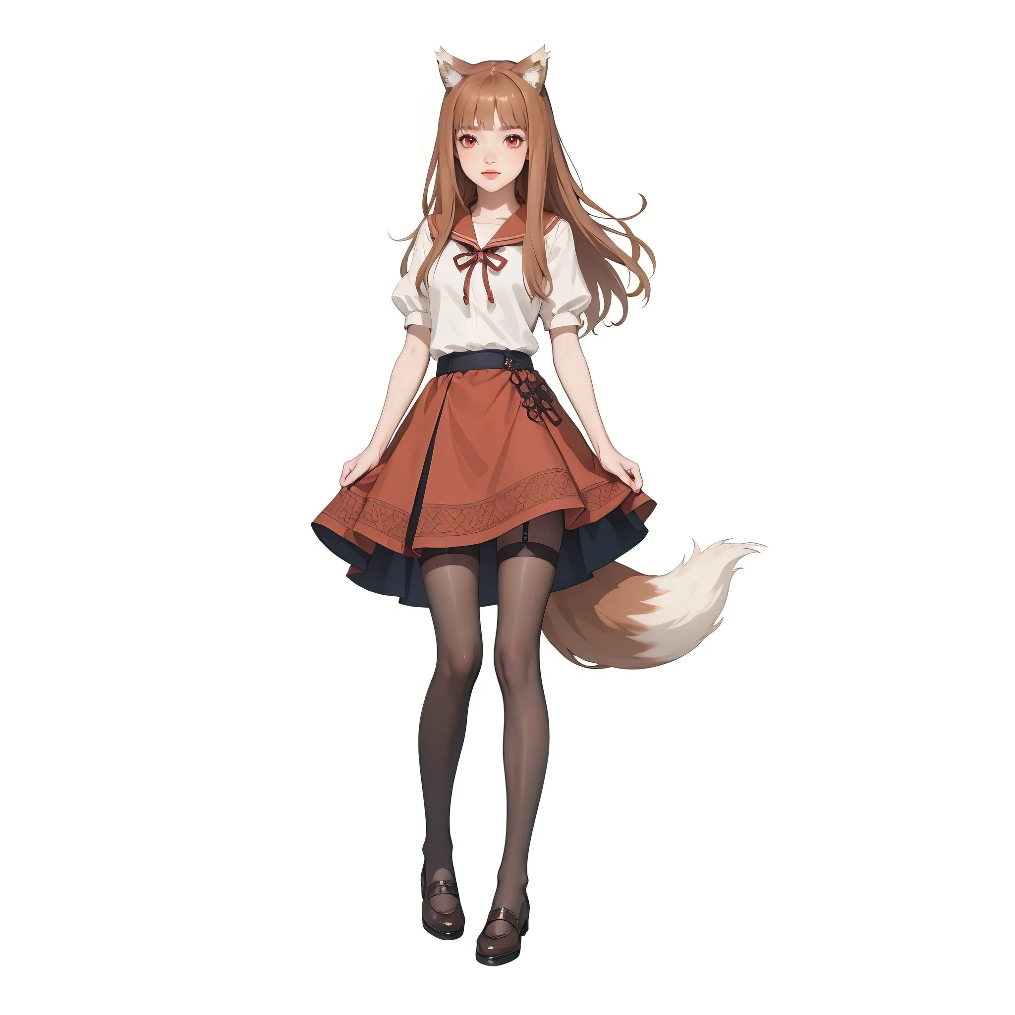 Anime girl with long hair and a skirt with a fox tail（holo) - SeaArt AI